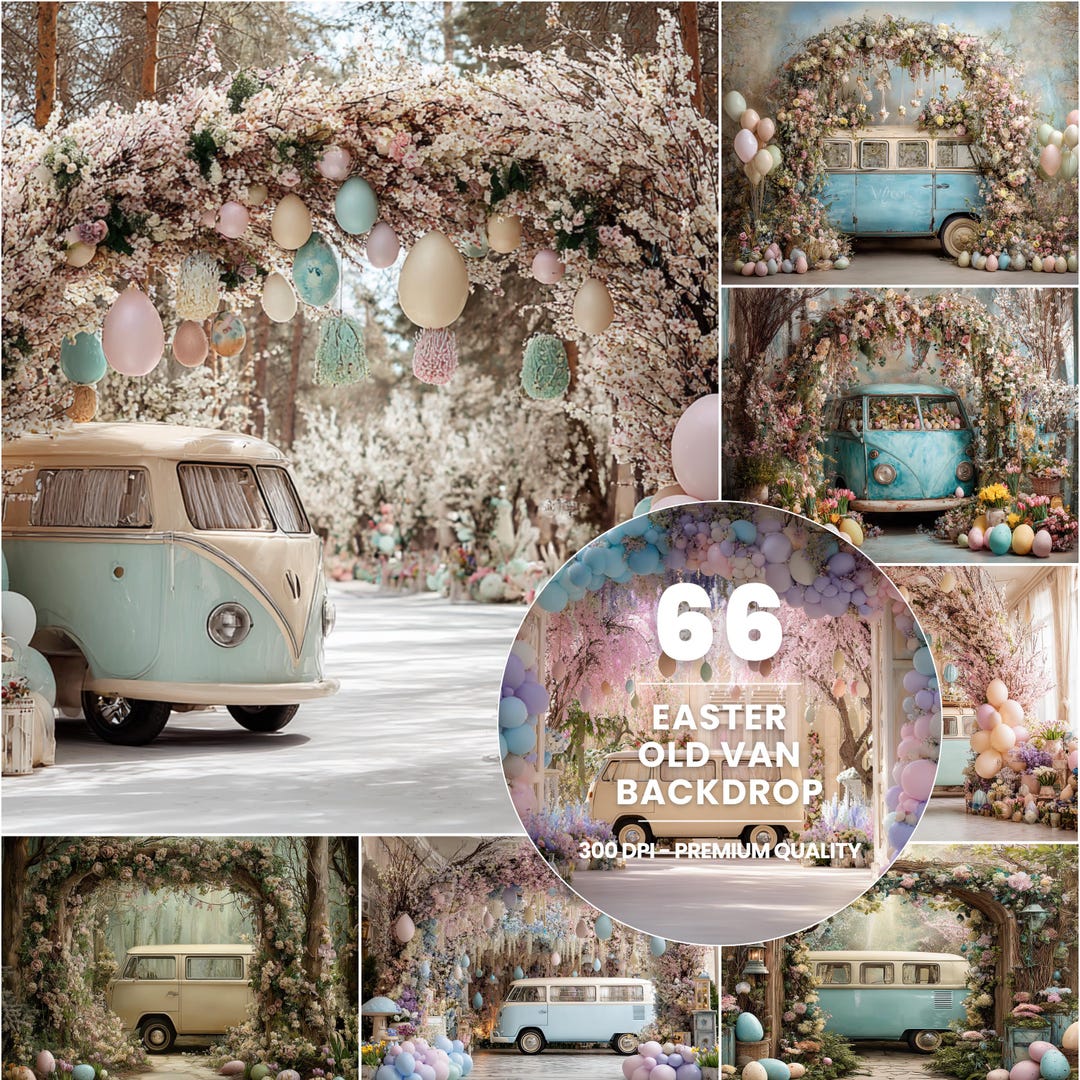 66 Easter Old Van Backdrop, Vintage Spring Van Scene, Floral Arch With ...