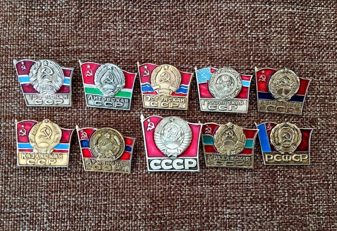 A Set of 10 Unique Badges, Each Depicting the Flag and Coat of Arms of ...