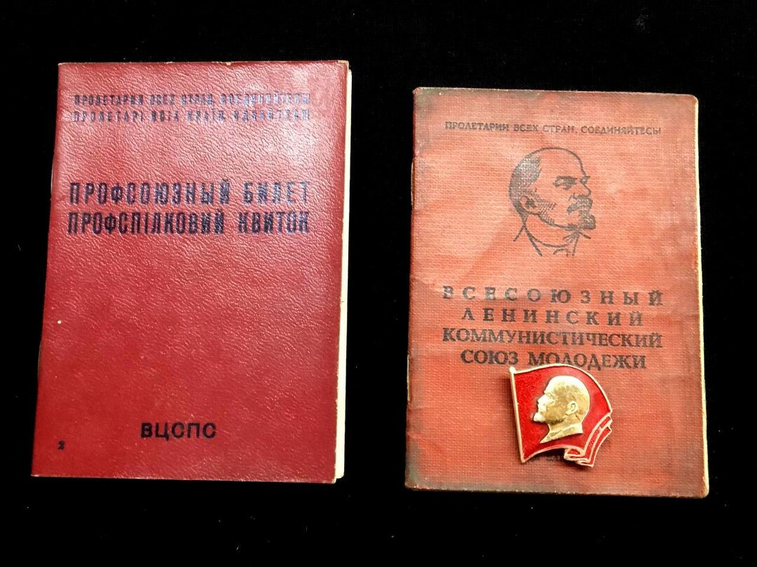 Vintage USSR Documents: Party Ticket, Trade Union Card, and Lenin Badge ...