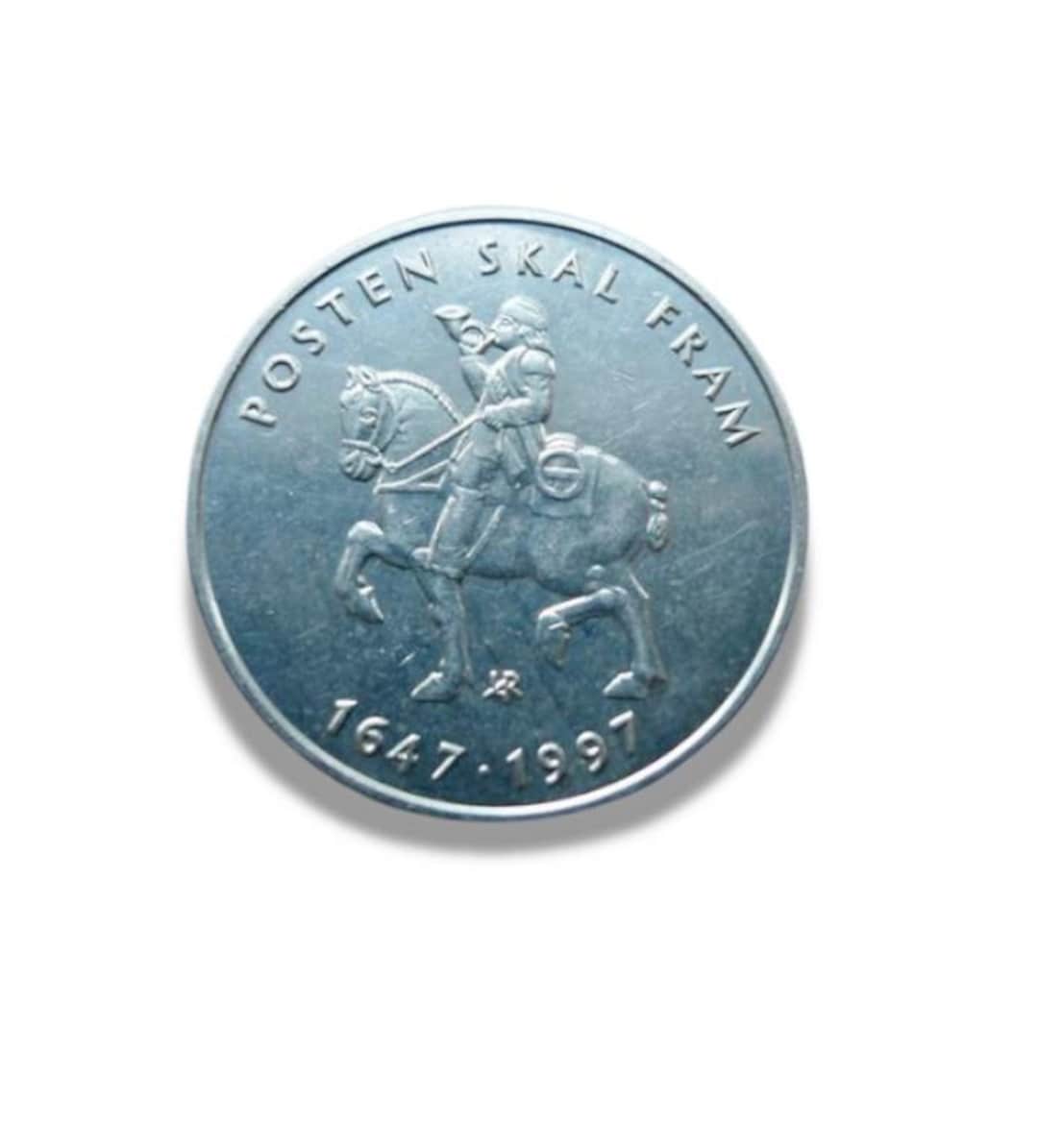 Norway 5 Kroner Coin – 1997 "350 Years of Postal Service" – King Harald ...