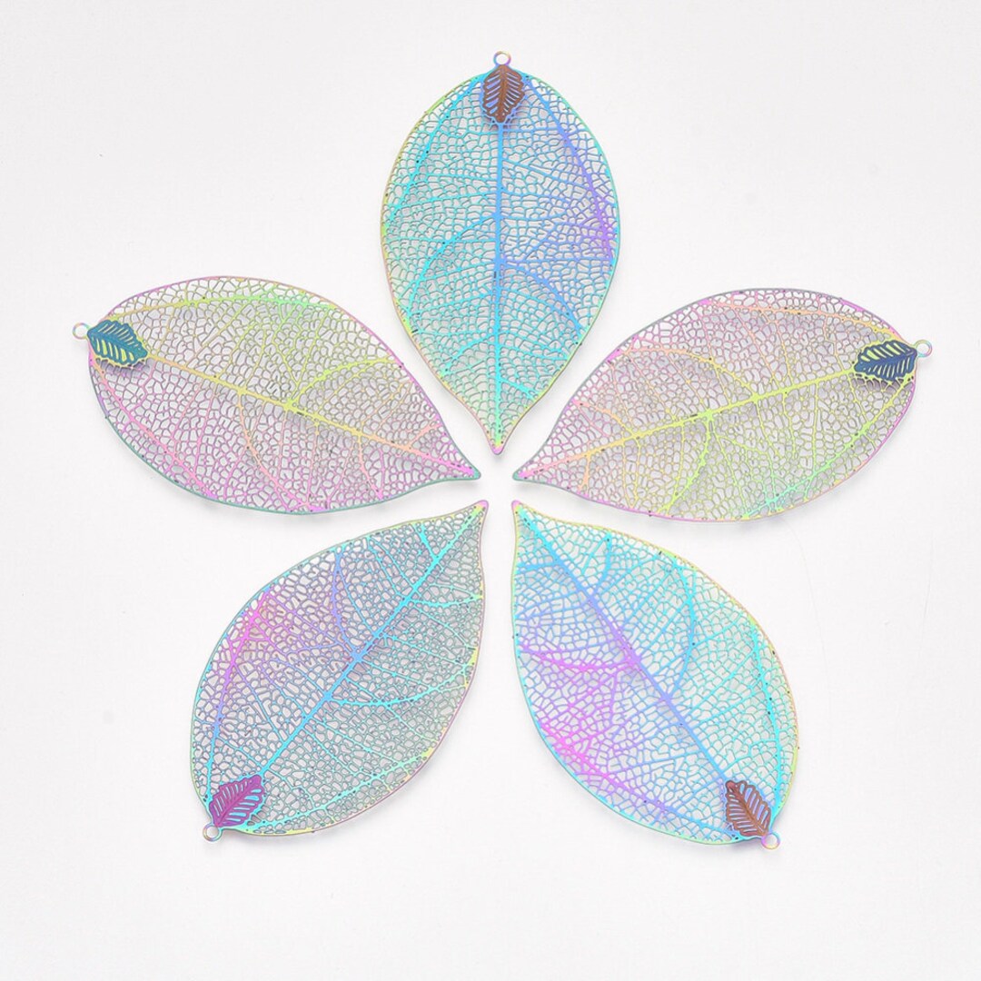 Rainbow Metal Large Detailed Leaf Pendants, Stainless Steel, Shiny ...