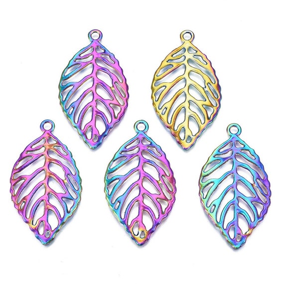 Rainbow Metal Large Leaf Outline Rainbow Alloy Pendants - Etsy