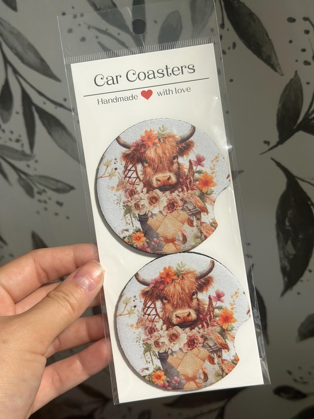 Cute Fluffy Highland Cow Car With Flowers Floral Coaster 2 Piece Set ...