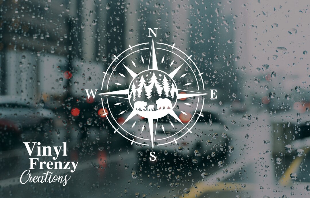 Compass Rose With Bear and Trees Silhouette Vinyl Decal | Vehicle Decal ...