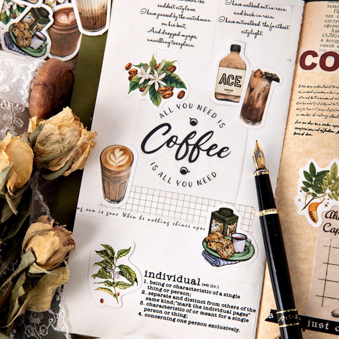 46pcs Vintage Coffee Shop Stickers Set, Bullet Journal, Scrapbooking ...
