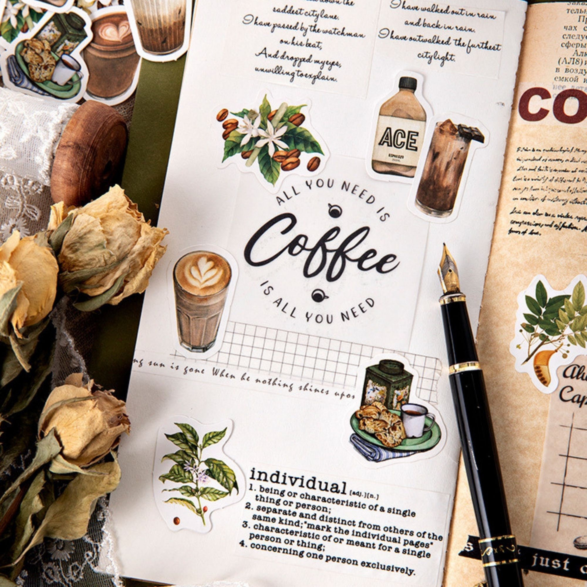46pcs Vintage Coffee Shop Stickers Set, Bullet Journal, Scrapbooking ...