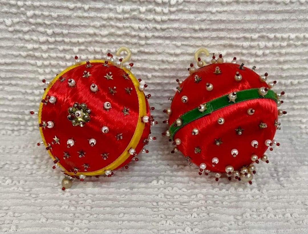 2 Pc Vintage Large Beaded Ornate Christmas Ornaments, Satin Balls With ...