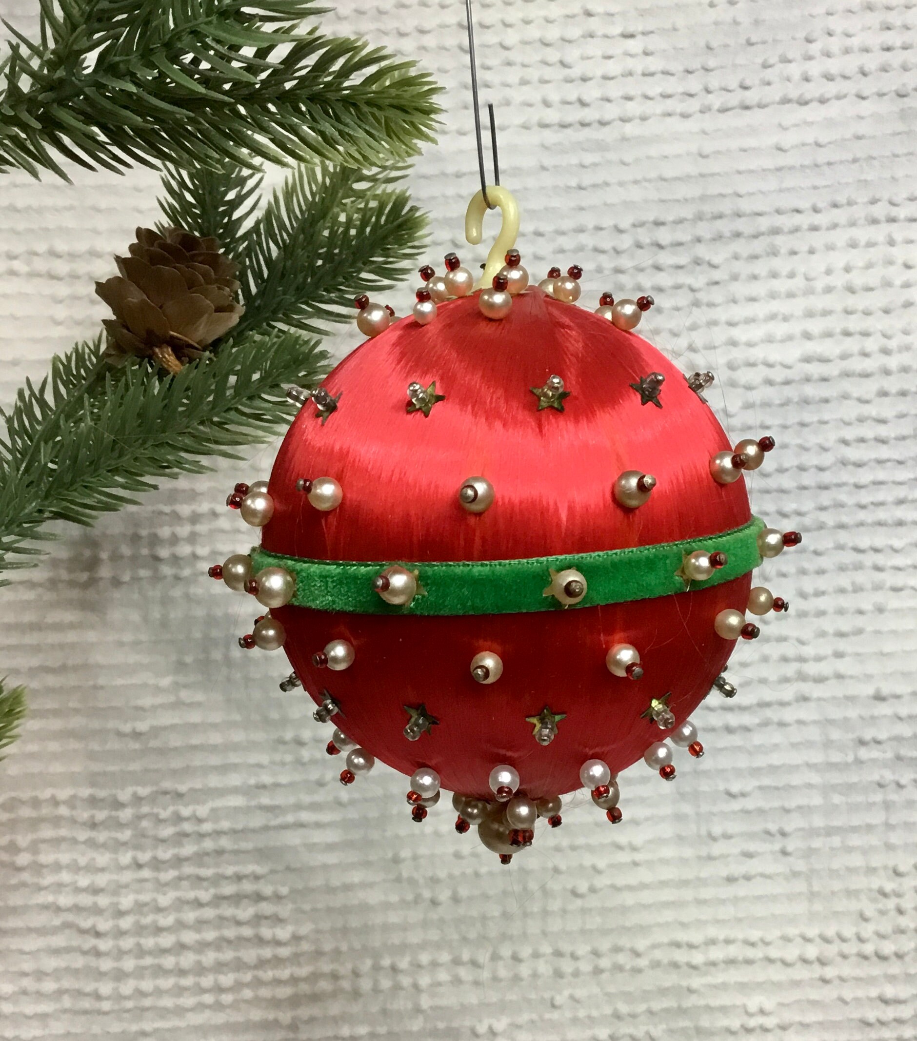 2 Pc Vintage Large Beaded Ornate Christmas Ornaments, Satin Balls With ...