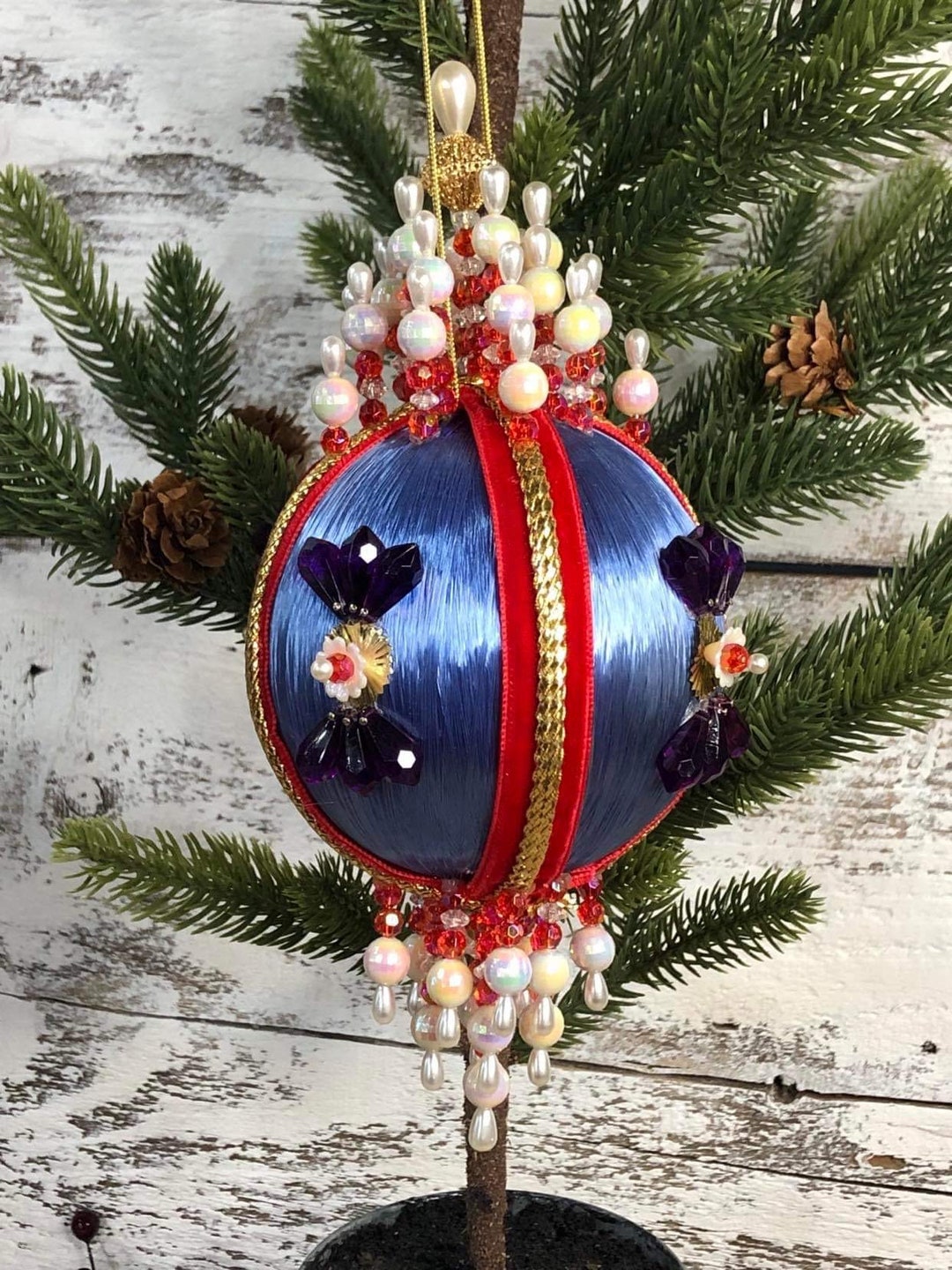 Vintage Heavily Beaded LARGE Ornate Christmas Ornament, Satin Ball ...