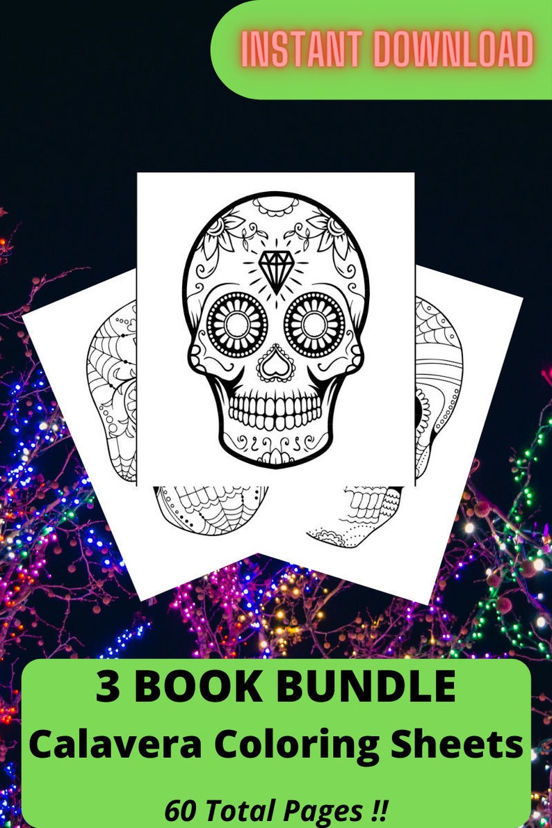 3 BOOK Bundle 60 FUN Calavera Sugar Skull Coloring Sheets for KIDS ...