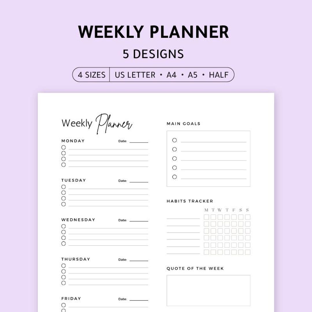 Weekly Planner Printable, 5 Designs, Minimalist 4 Paper Sizes A5, Half ...