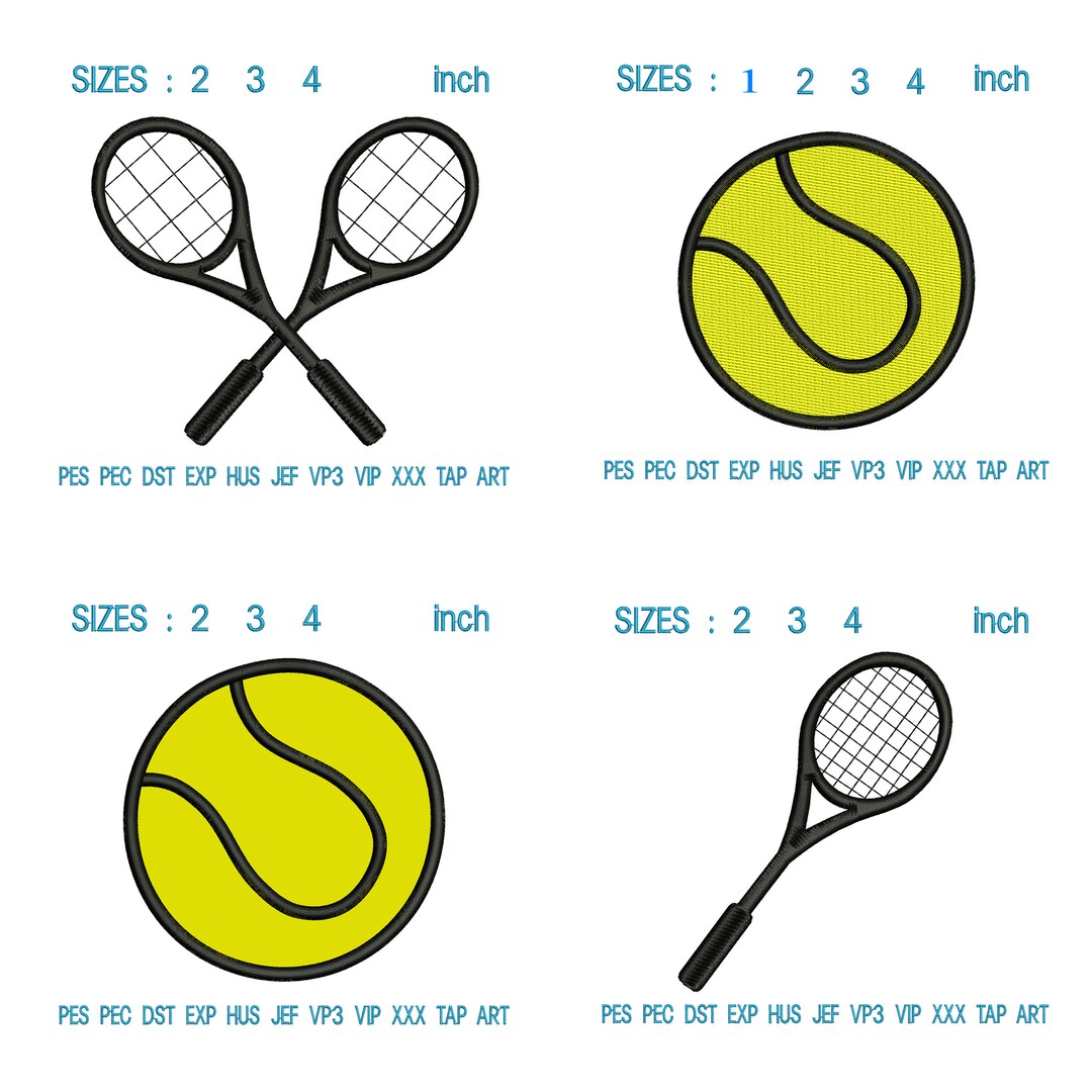Tennis Set Embroidery Design, 4 Tennis Embroidery Designs, Embroidery ...