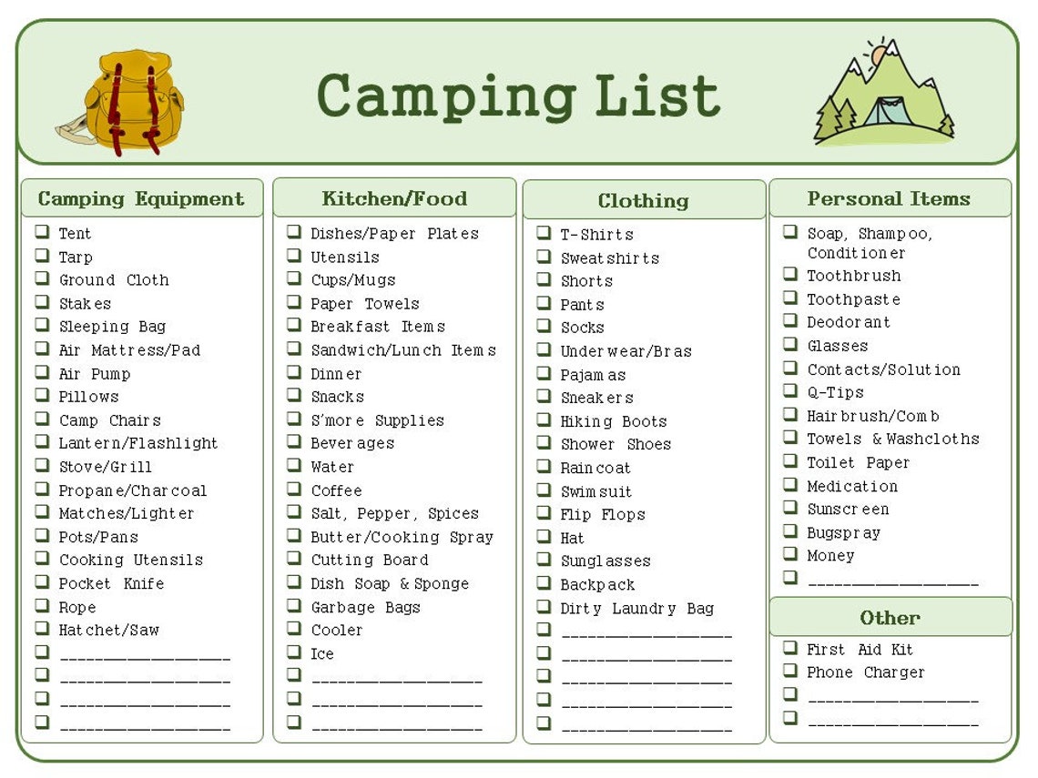 Camping Trip Packing List and Meal Plan Printable Bundle - Etsy