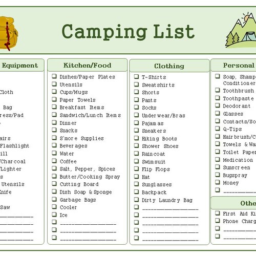 Camping Trip Packing List and Meal Plan Printable Bundle - Etsy