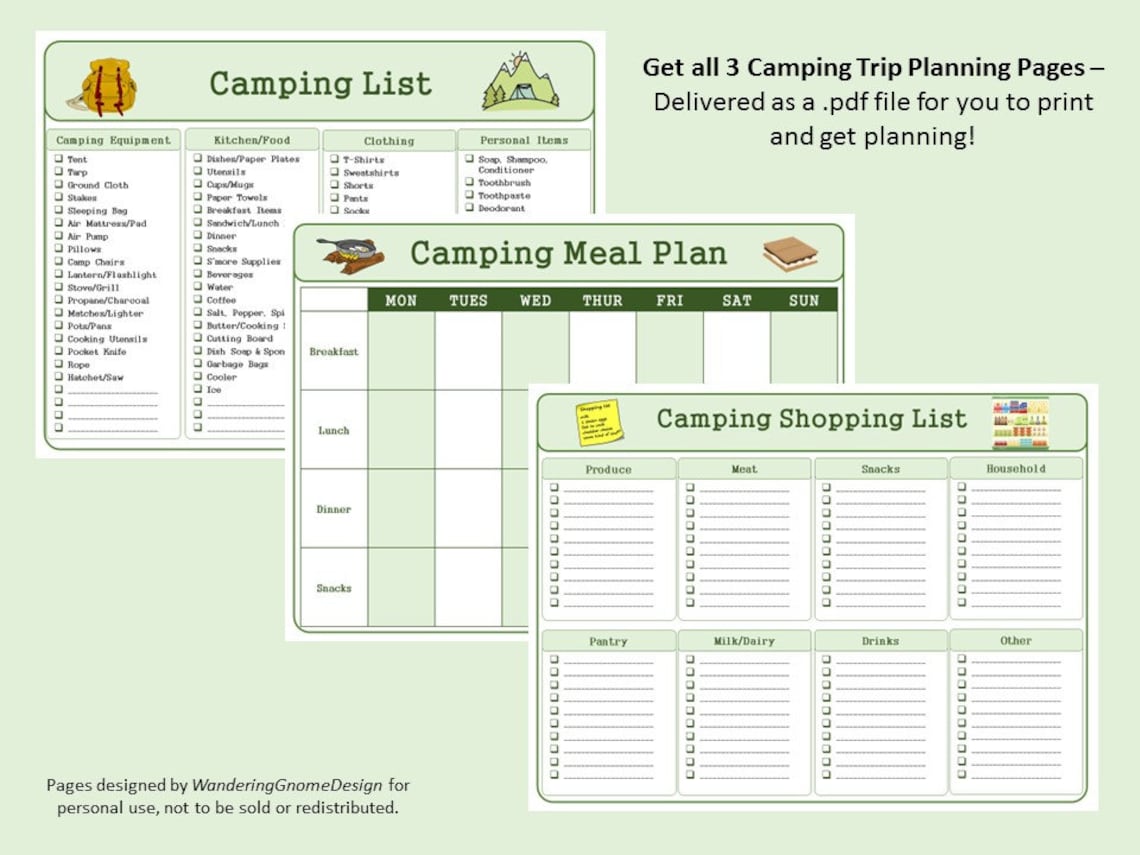 Camping Trip Packing List and Meal Plan Printable Bundle - Etsy