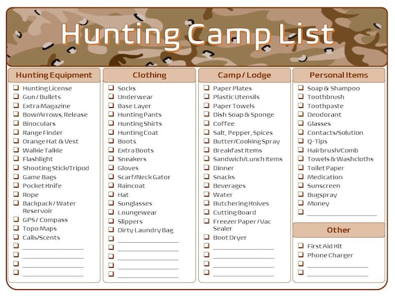 Hunting Camp Trip Packing List And Meal Plan Printable, 57% OFF