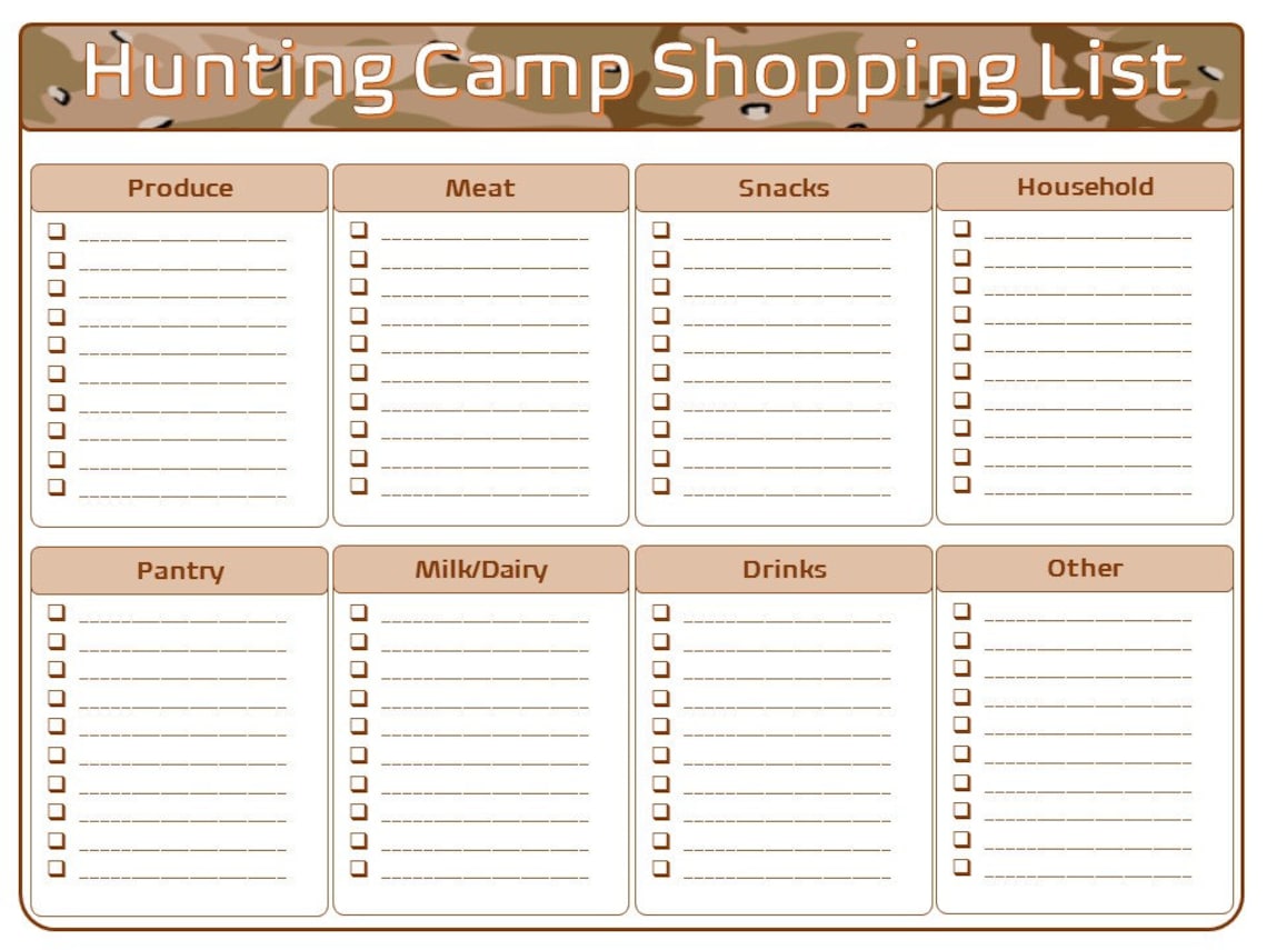 Hunting Camp / Trip Packing List and Meal Plan Printable Bundle - Etsy
