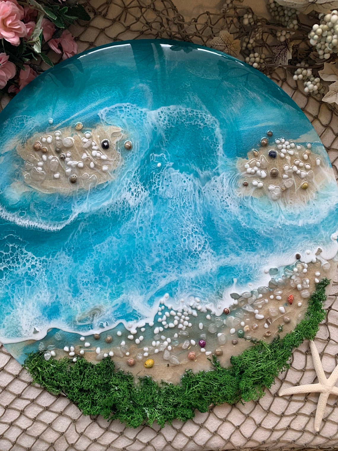 Wall Art Ocean Round With Quartz Stones and Real Sand Housewarming Gif ...