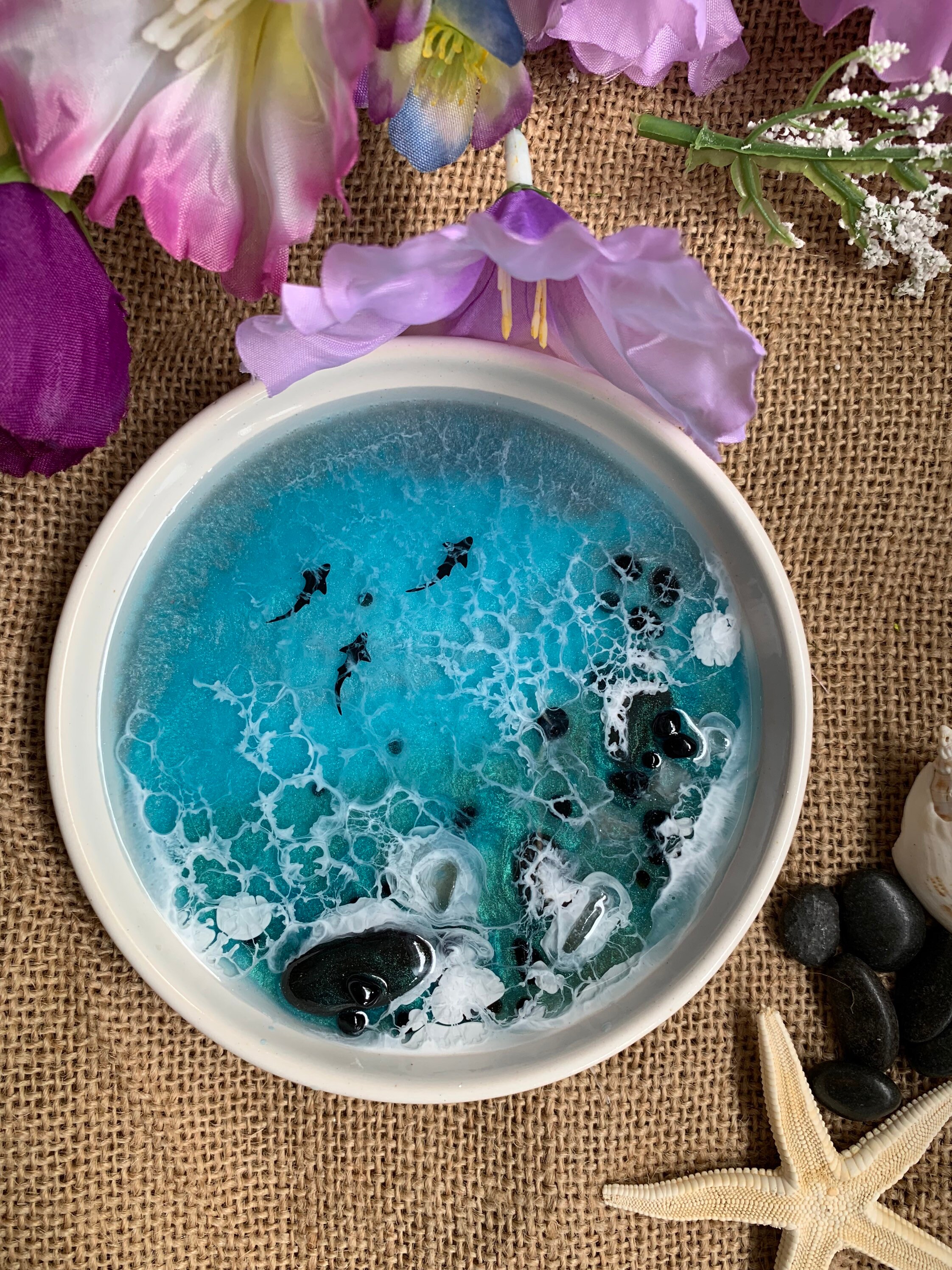 Porcelain Jewelry Box Decorated With Resin in an Ocean With Real Quarz ...