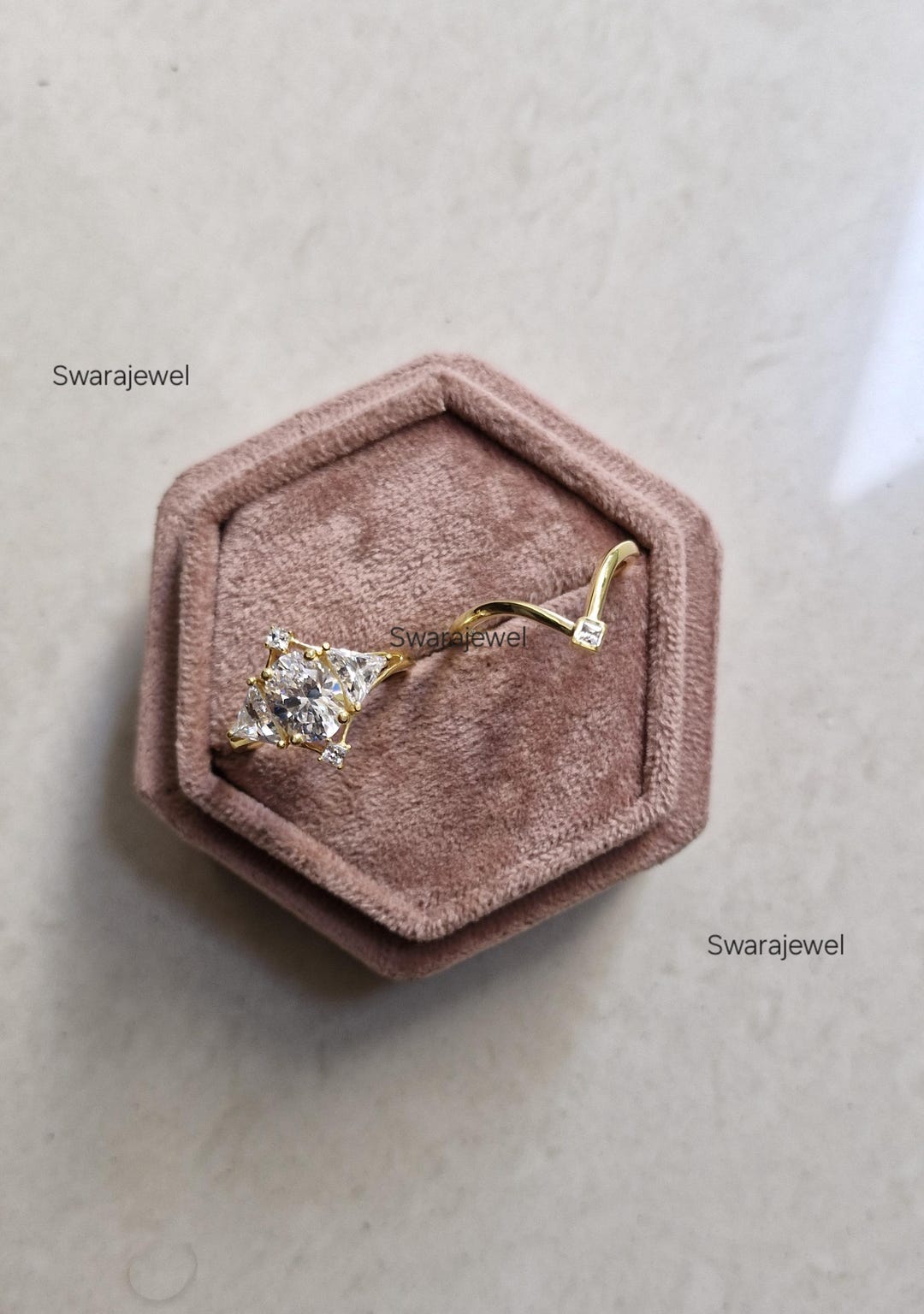 Oval Diamond Weddin Ring With Two Triangle Ring, 14K Yellow Gold ...