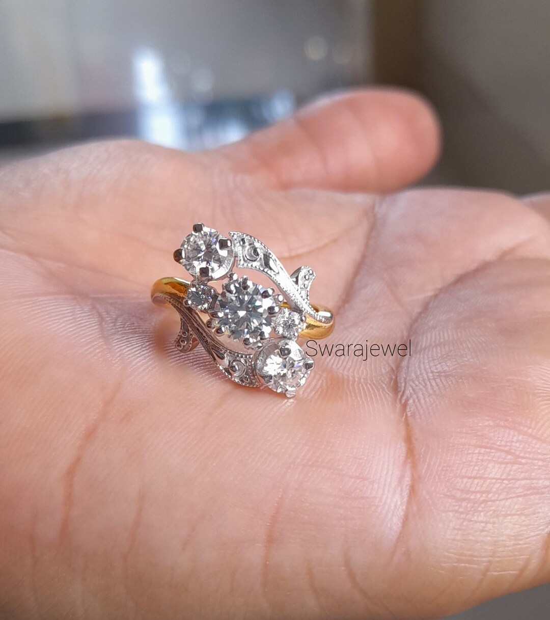 Three Diamond Wedding Ring,art Deco Engagement Ring, Cz-moissanie ...