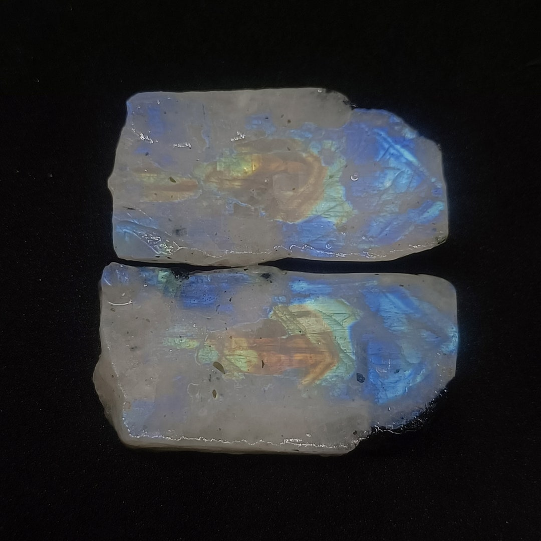 Natural Rainbow Fire Moonstone Matching Pair Rough Unpolished Slice ...