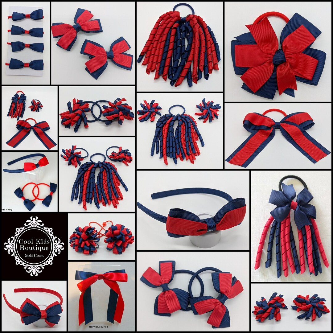 Navy Blue & Red School Bows Hair Accessories Korker Pack Bow Elastic ...