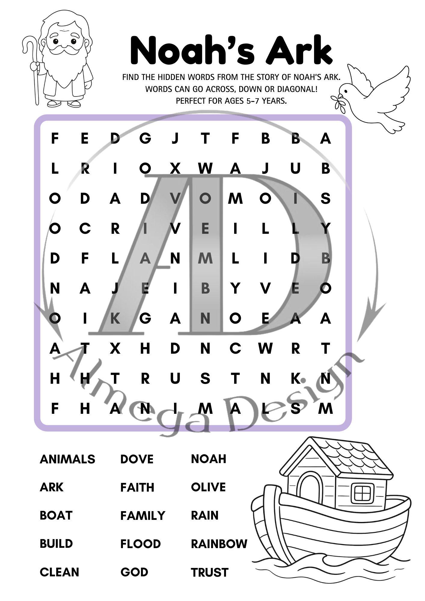Noah’s Ark Word Search Printable for Kids Ages 5–7 | Bible Activity ...
