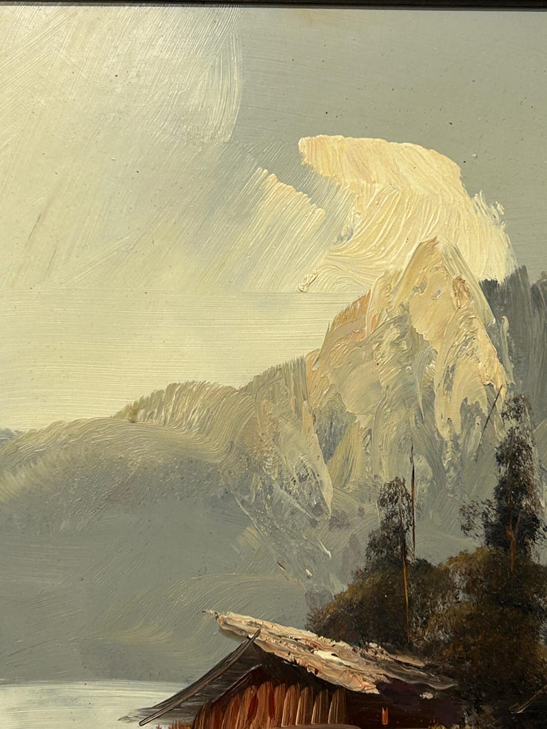 Antique 1940s Landscape Oil Painting, Signed Mountain Village Scene ...