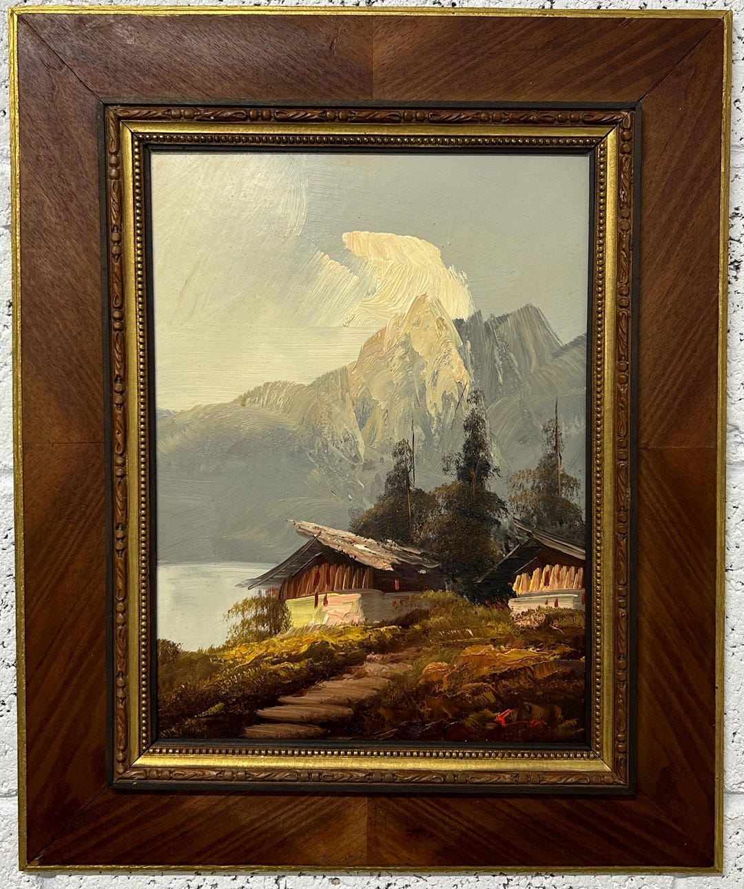 Antique 1940s Landscape Oil Painting, Signed Mountain Village Scene ...