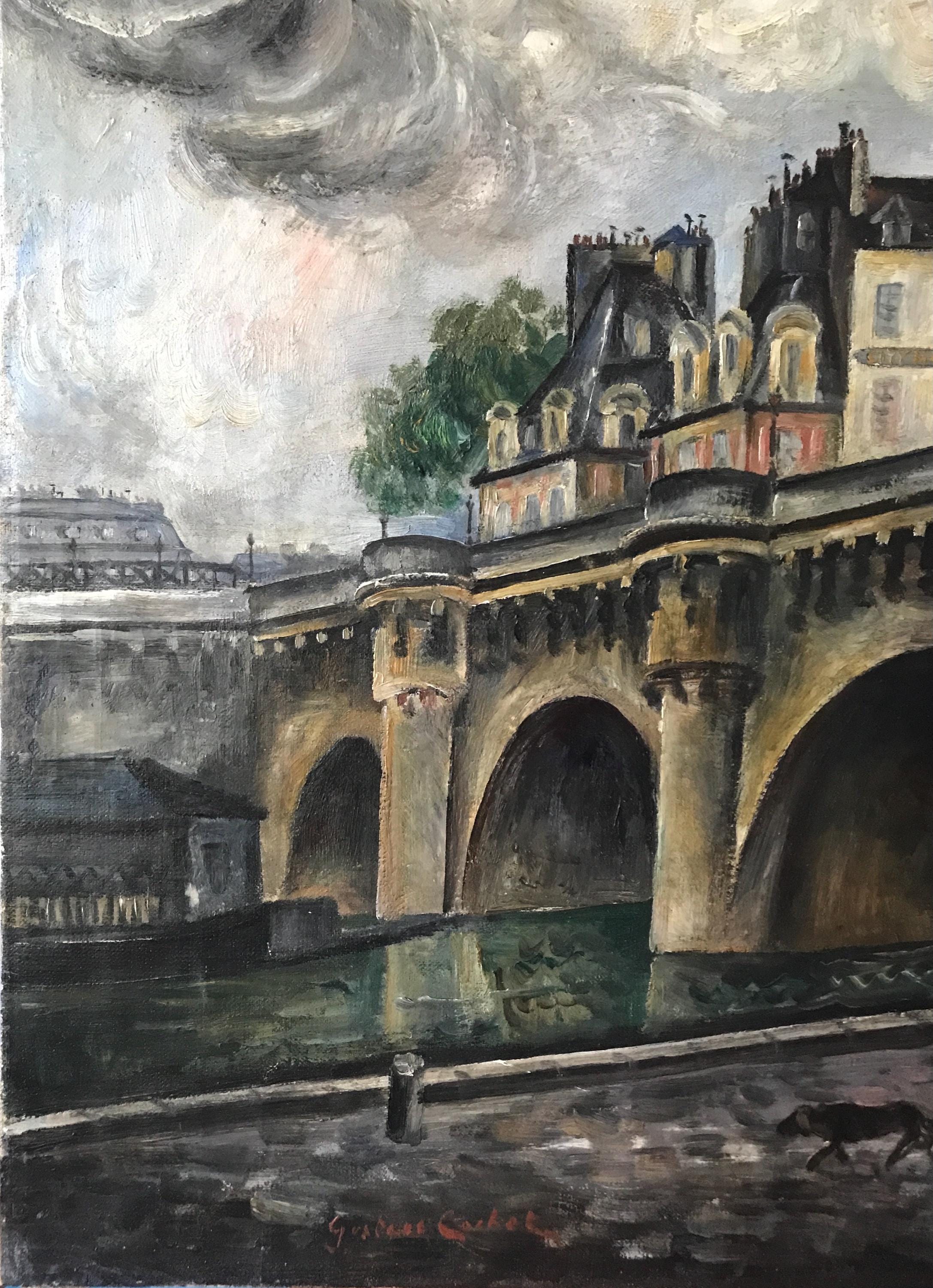 Vintage Oil on Canvas Painting, Landscape Scenariy Paris Bridge, Trees ...