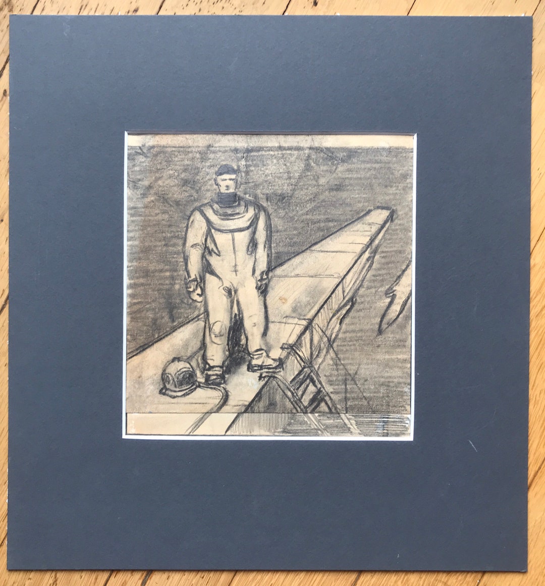 Vintage Ukrainien Original Pencil Drawing, Man, Male Portrait, Diver ...
