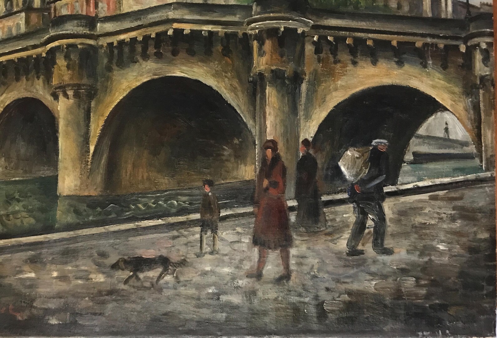 Vintage Oil on Canvas Painting, Landscape Scenariy Paris Bridge, Trees ...