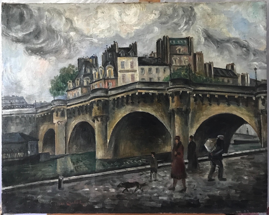 Vintage Oil on Canvas Painting, Landscape Scenariy Paris Bridge, Trees ...