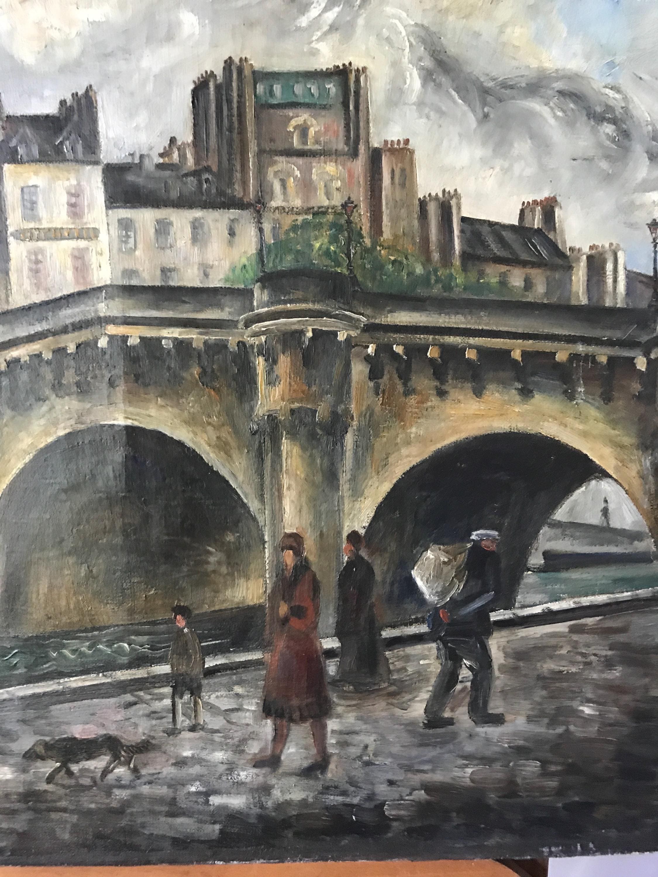 Vintage Oil on Canvas Painting, Landscape Scenariy Paris Bridge, Trees ...