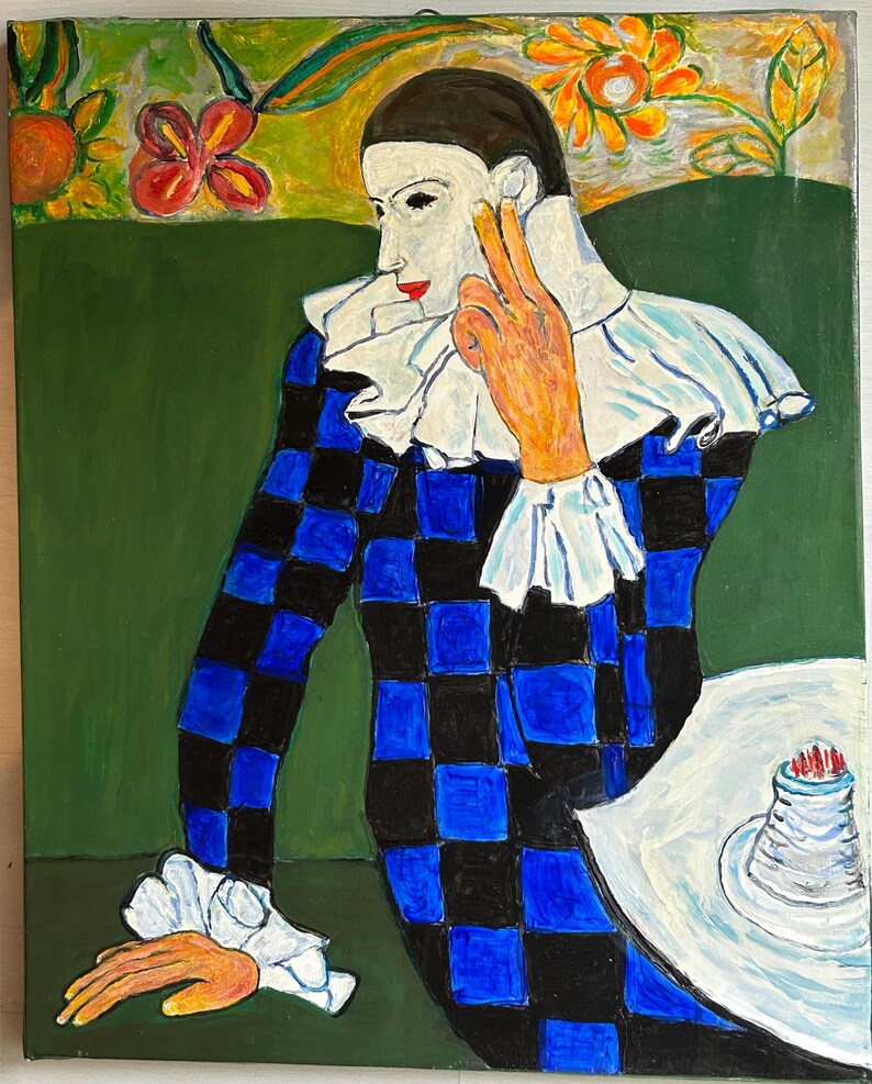 A Bright Painting of Harlequin, Based on Picasso, Vintage Oil Canvas ...
