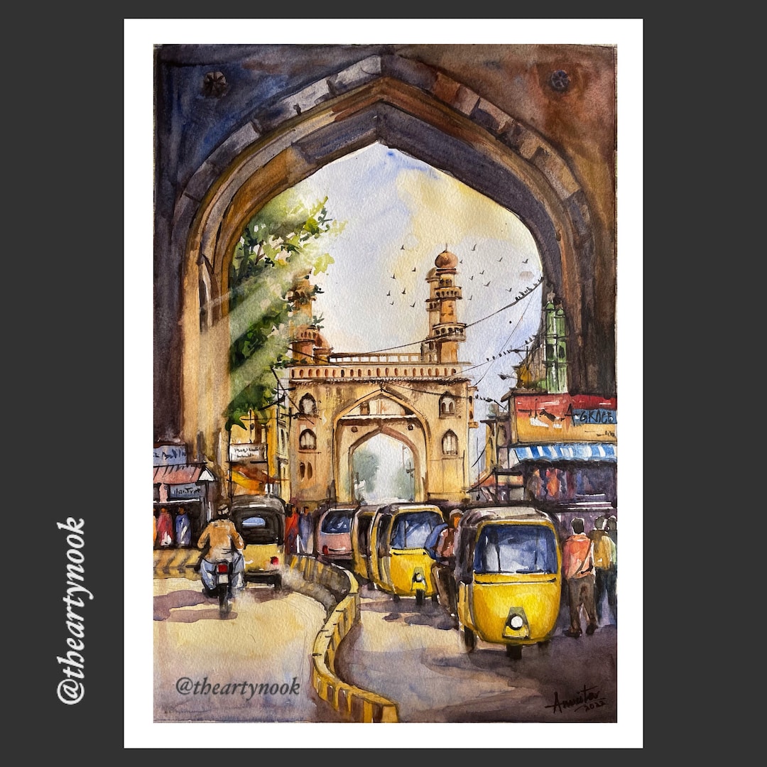 Hyderabad Cityscape Original Watercolor Charminar Street Scene Giclée ...