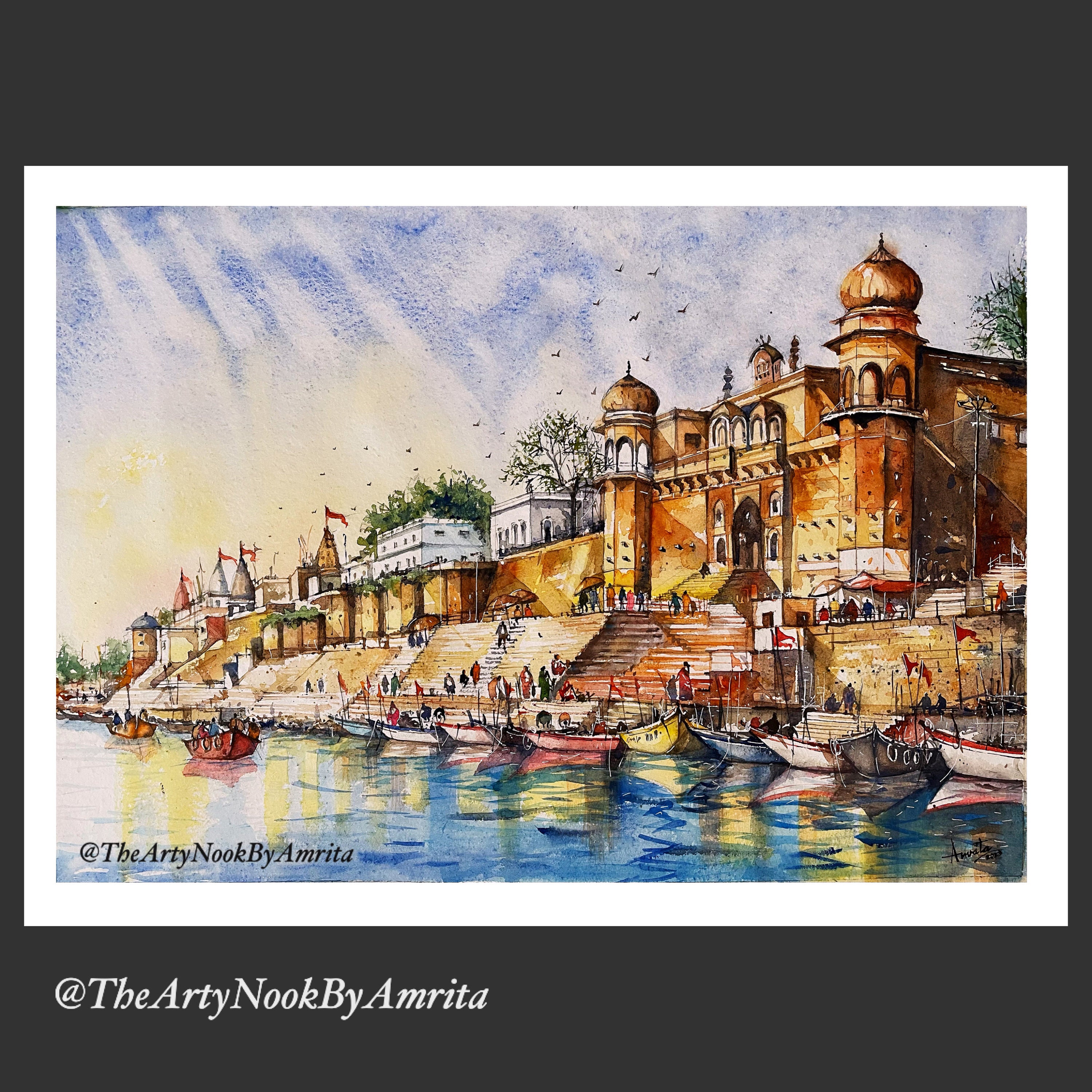 Banaras Cityscape Watercolor Painting Varanasi Ghat Scene Gallery Wall ...