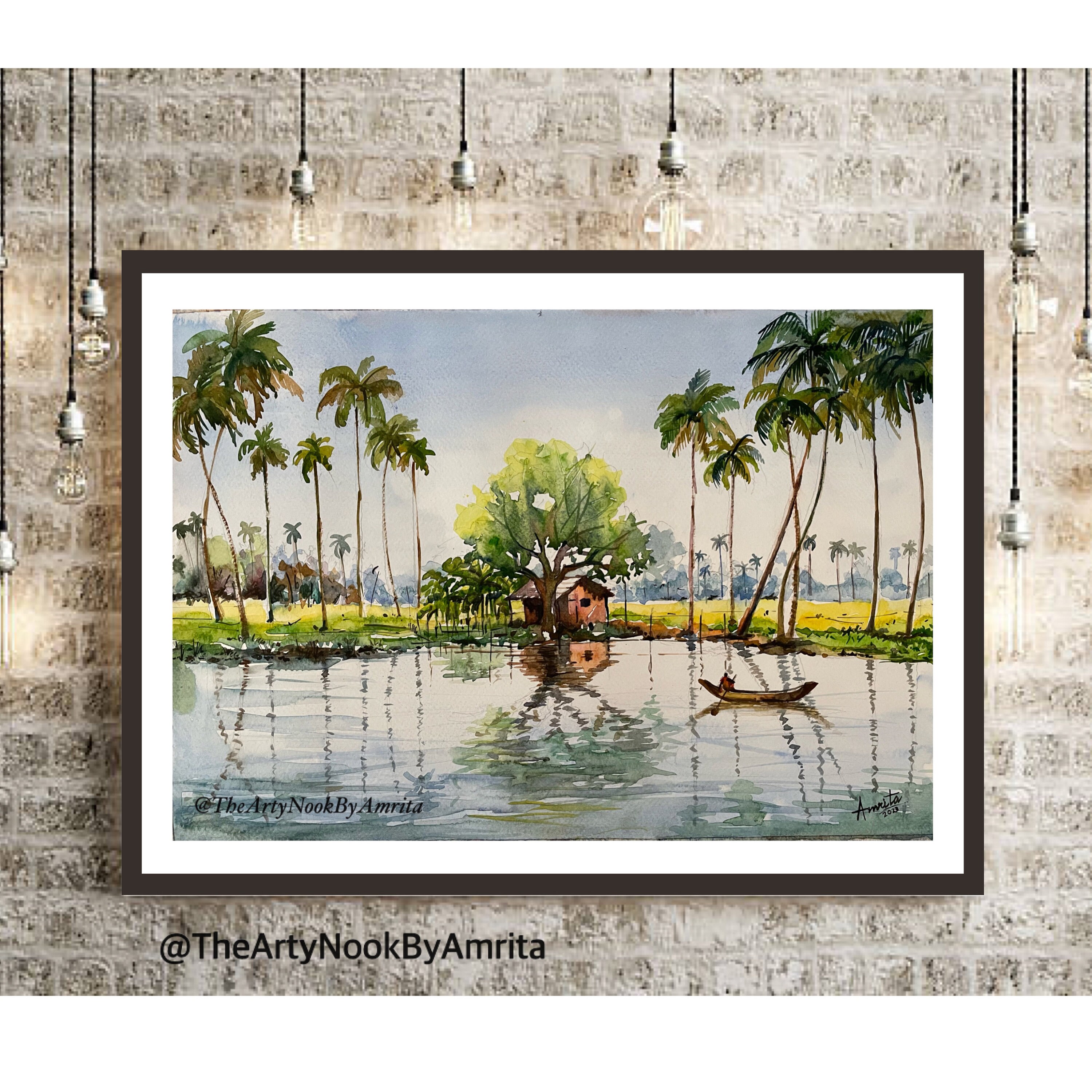 Kerala Backwaters Boat Ride Original Watercolor Painting Indian ...