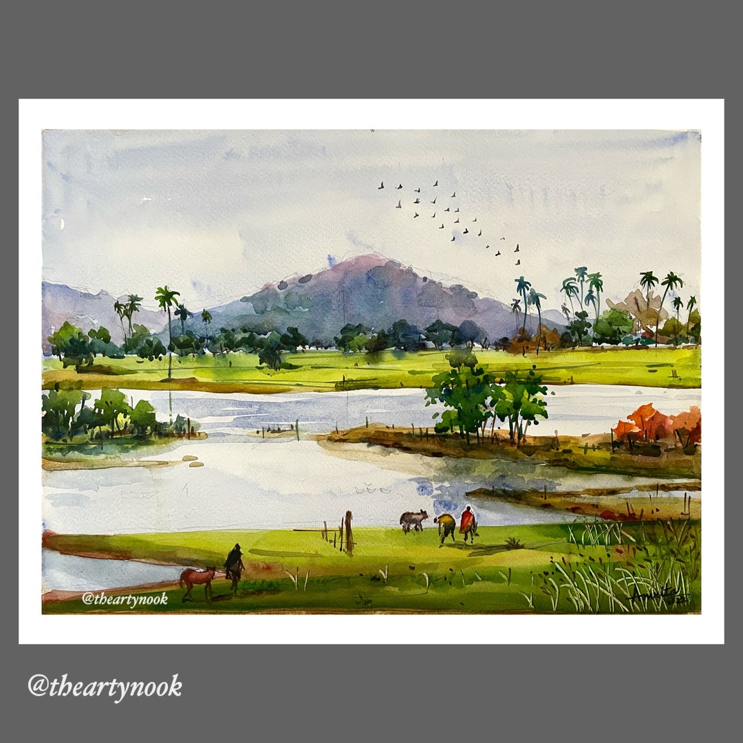 Indian Countryside/ Riverside Landscape Original Watercolor Painting ...