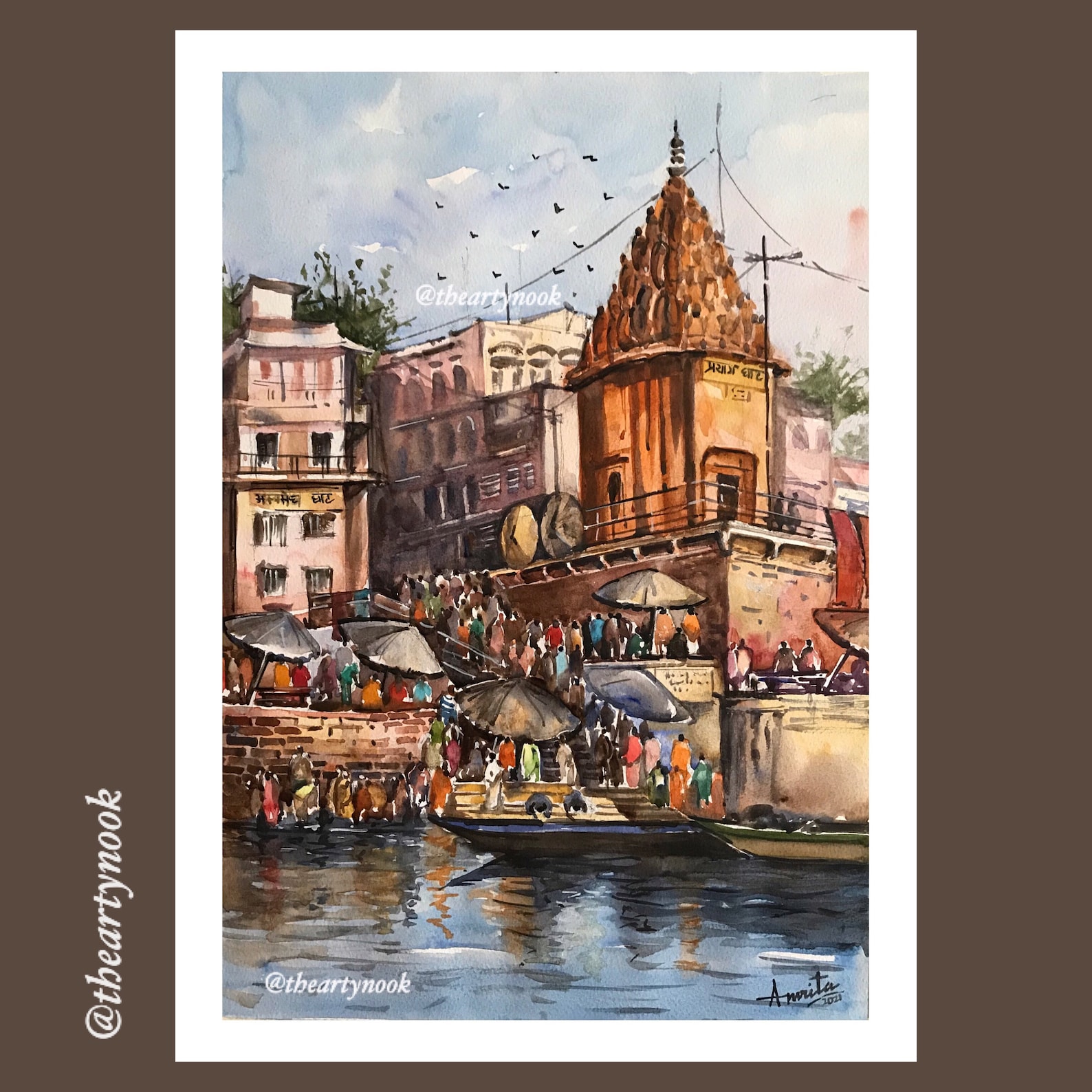 Banaras Cityscape Watercolor Art/varanasi Ghats Riverscape/boat Ride on ...