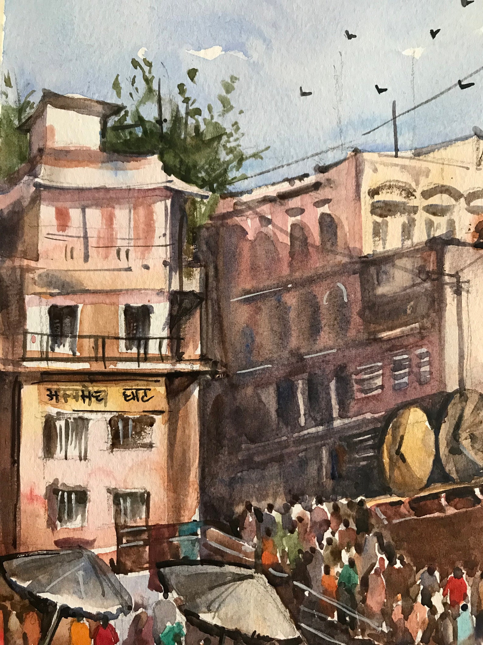 Banaras Cityscape Watercolor Art/varanasi Ghats Riverscape/boat Ride on ...