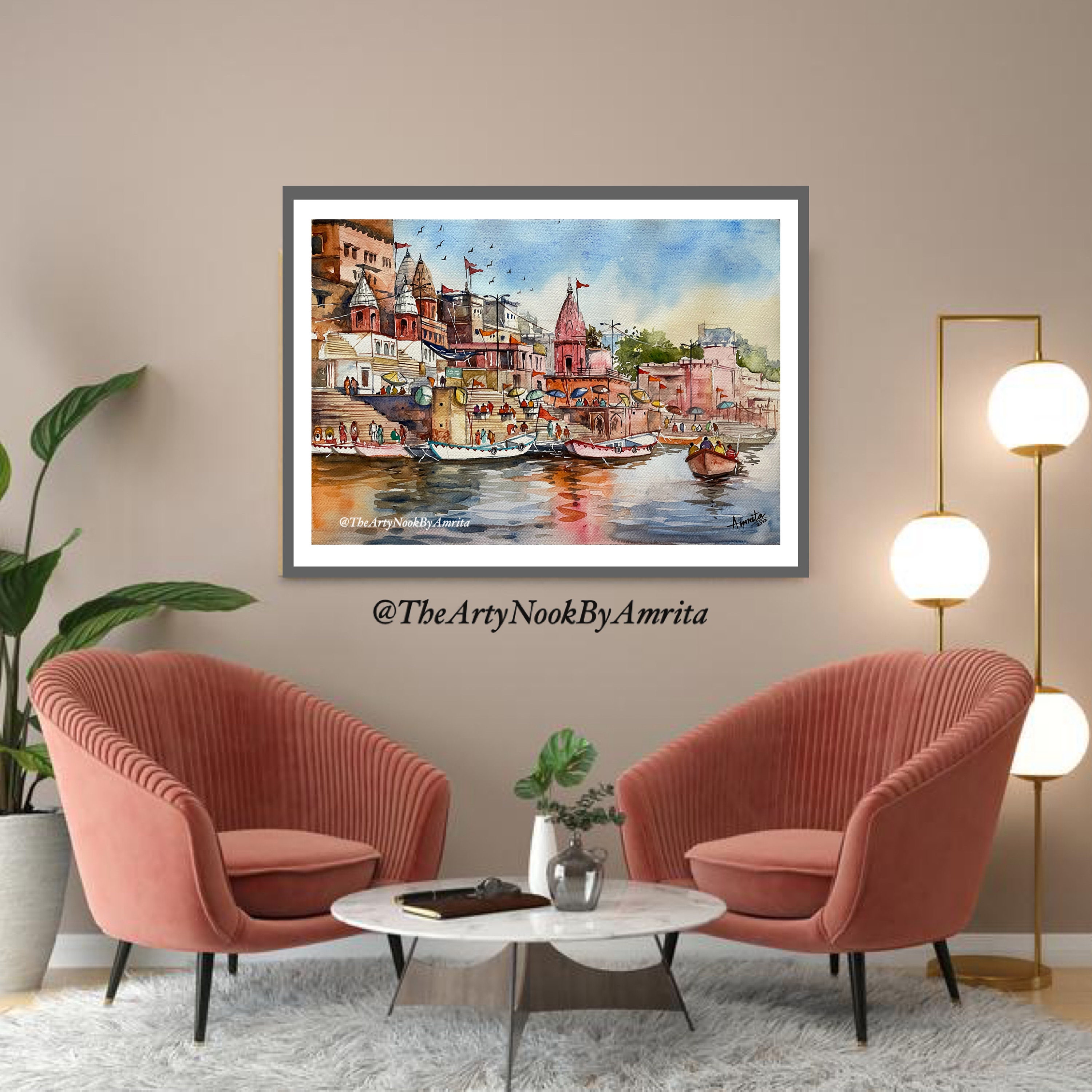 Banaras Cityscape Watercolor Painting/varanasi Ghats Riverscape/boat ...