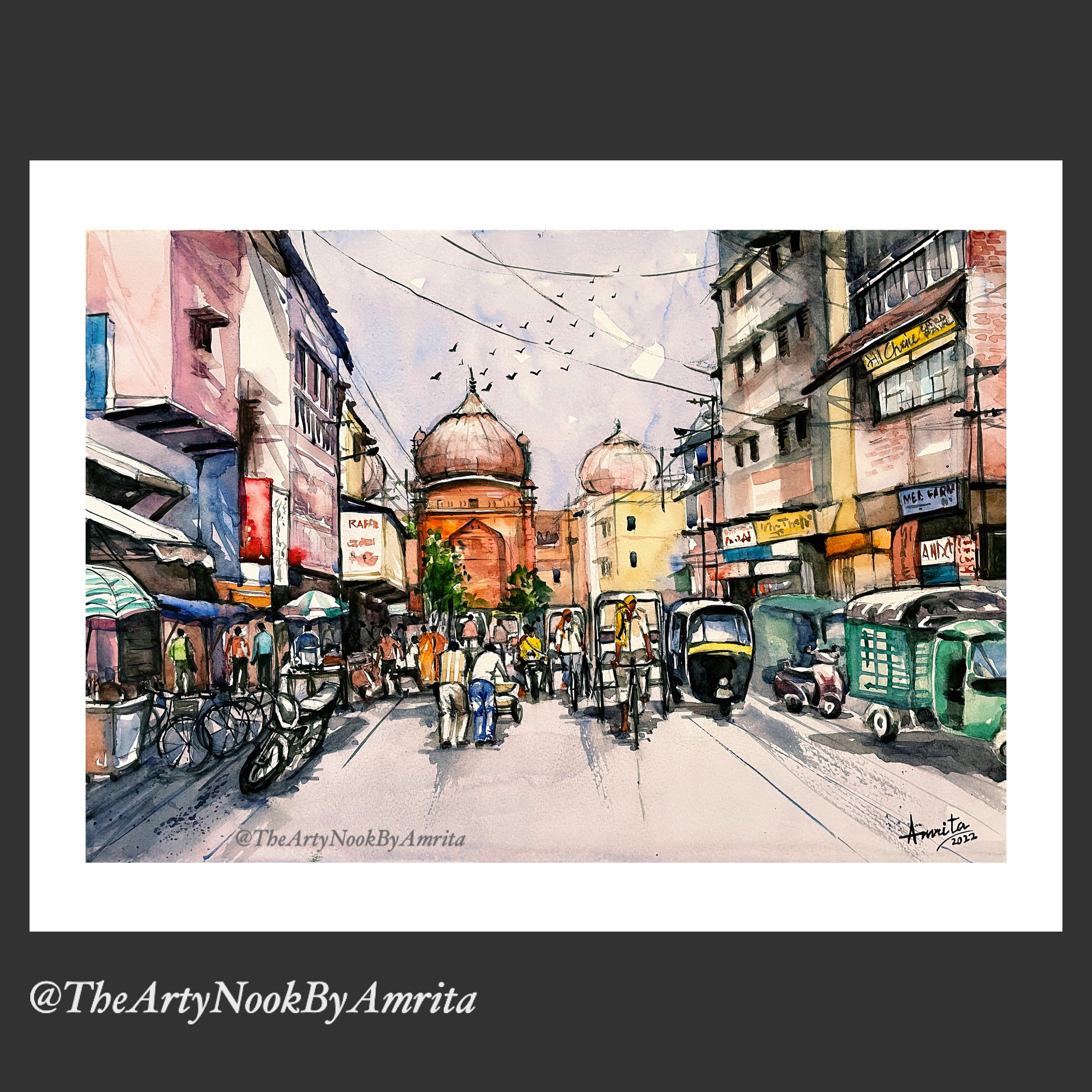 Delhi Cityscape Original Watercolor Painting Street Market Scene Near ...