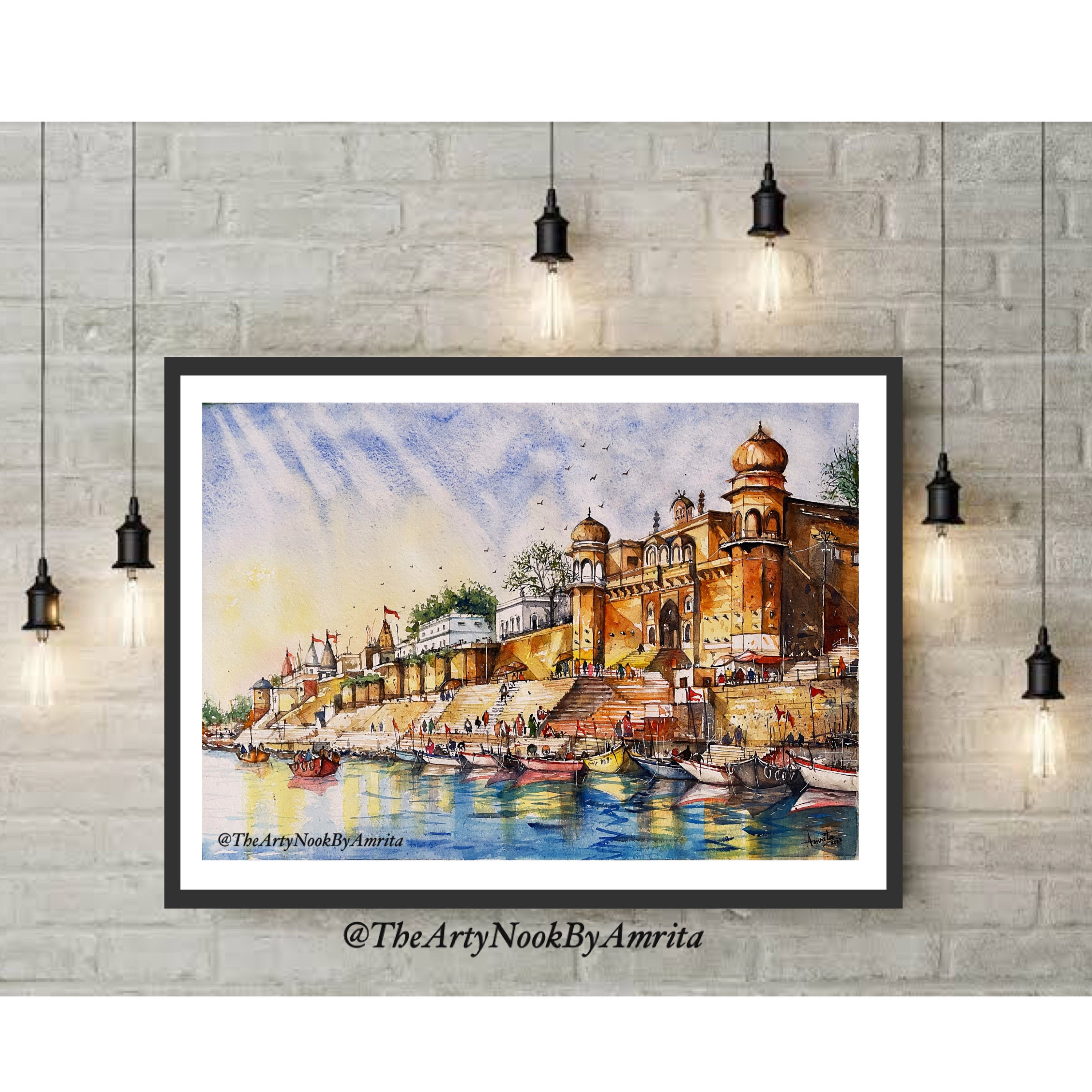 Banaras Cityscape Watercolor Painting Varanasi Ghat Scene Gallery Wall ...