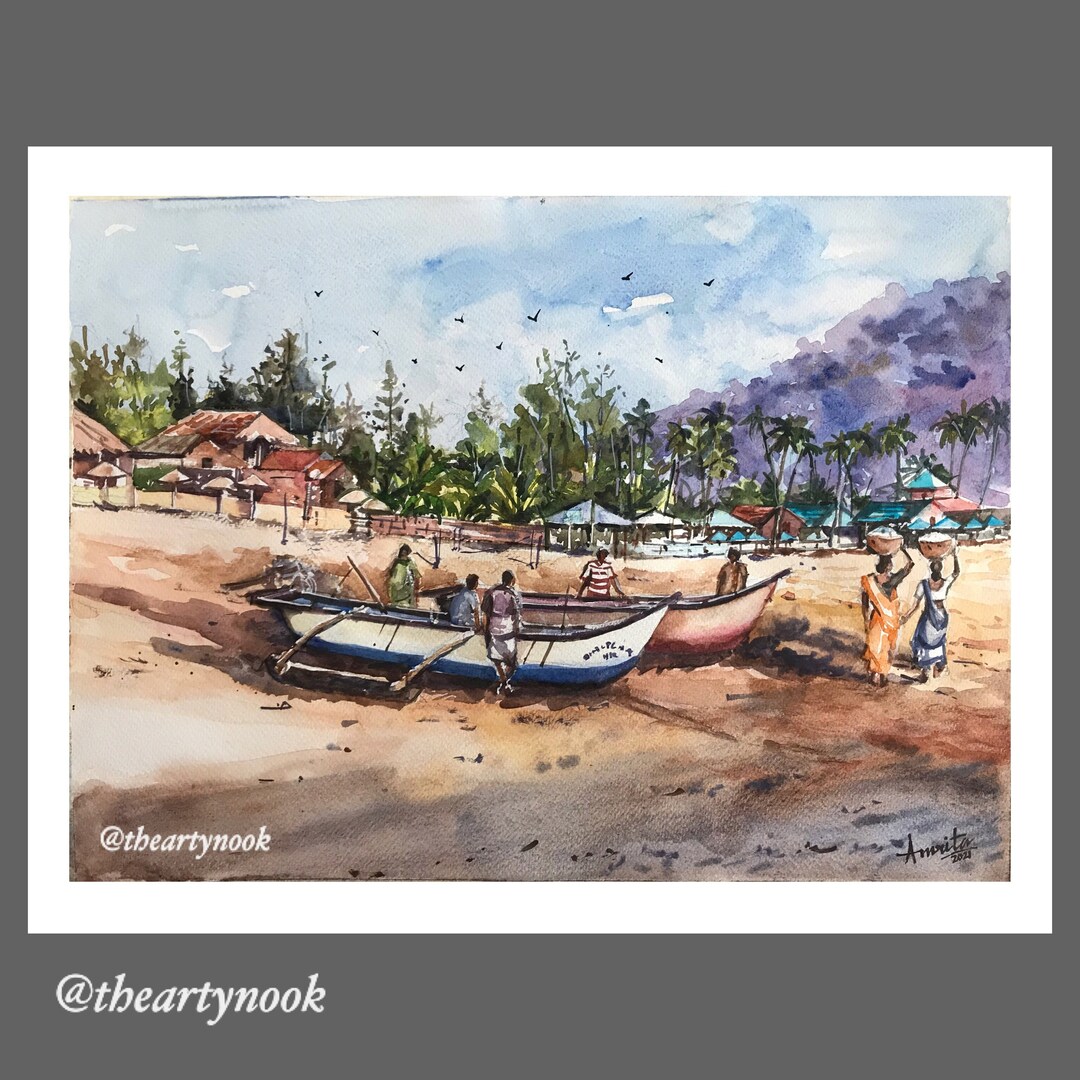Goa Beachscape Indian Fishing Boats Watercolor Painting Gallery Wall ...
