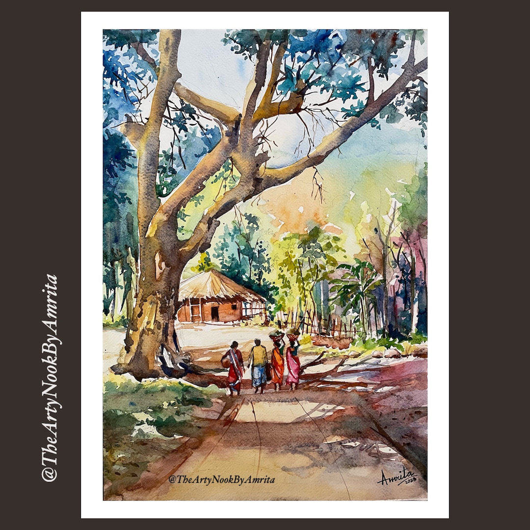 Rural India Landscape Original Watercolor Painting Indian Countryside ...