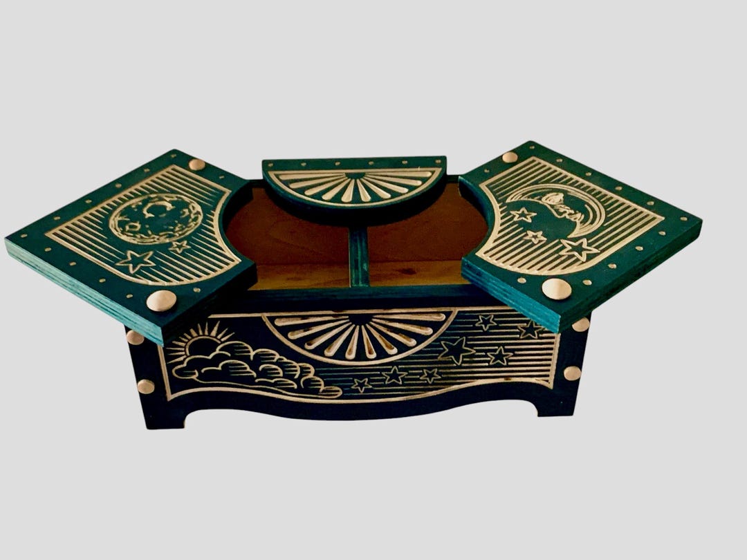 Moon & Stars Lunar Engraved Wood Jewelry Valet Box With Pivoting Lids ...