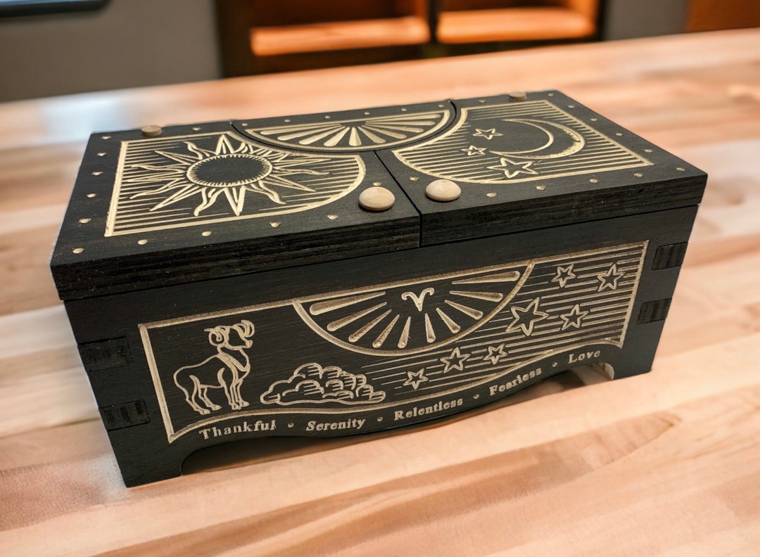 Zodiac Moon & Stars Horoscope Lunar Engraved Wood Jewelry Valet Box W ...