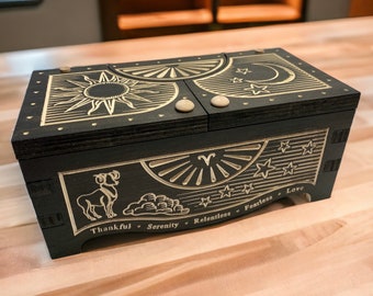 Moon & Stars Lunar Engraved Wood Jewelry Valet Box With Pivoting Lids ...